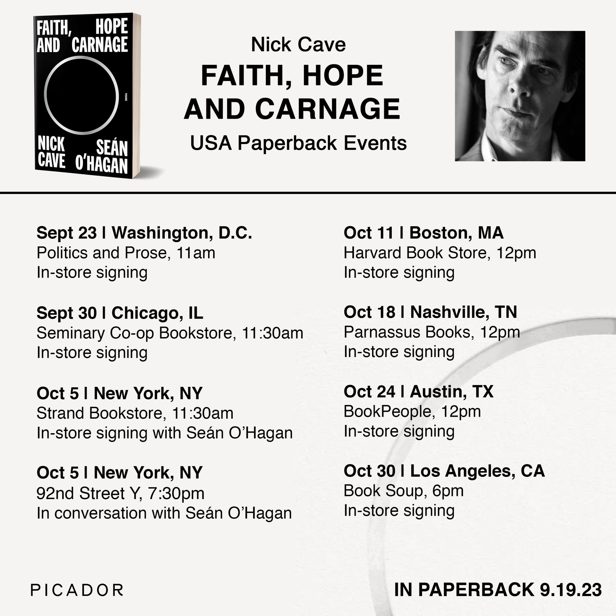 Faith, Hope and Carnage US Paperback and Book Events - Nick Cave